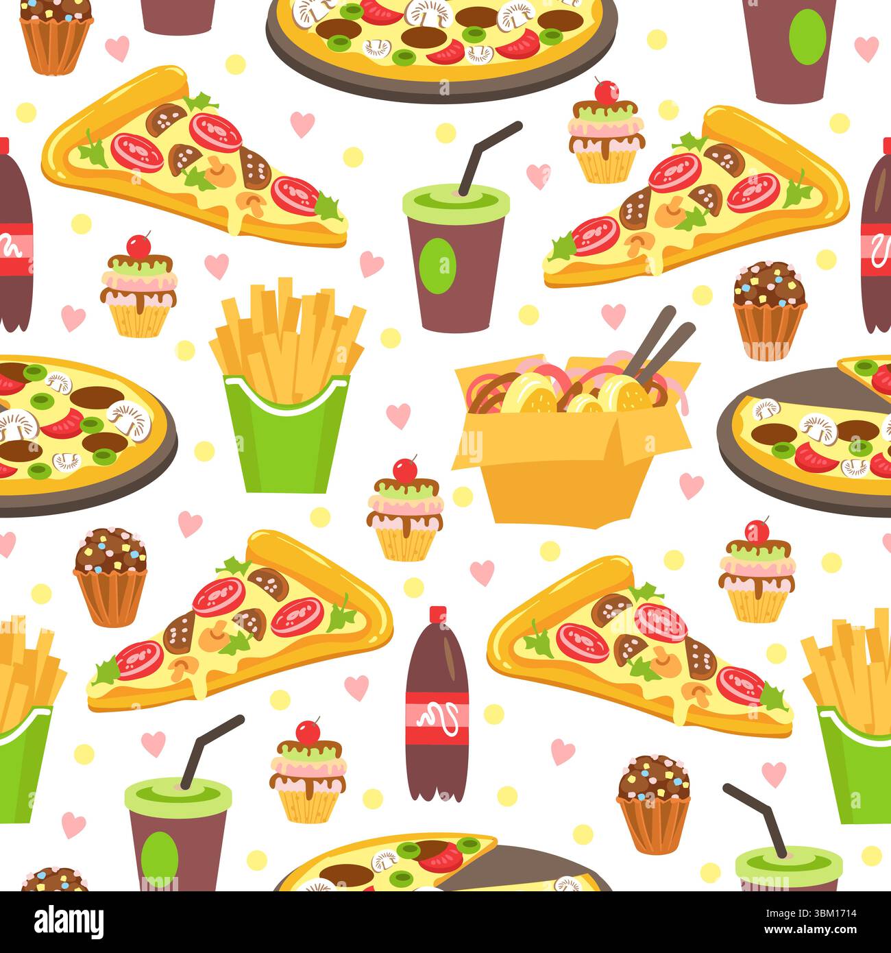 Fast food seamless pattern. Fastfood meal. Pizza and fried potato snack ...