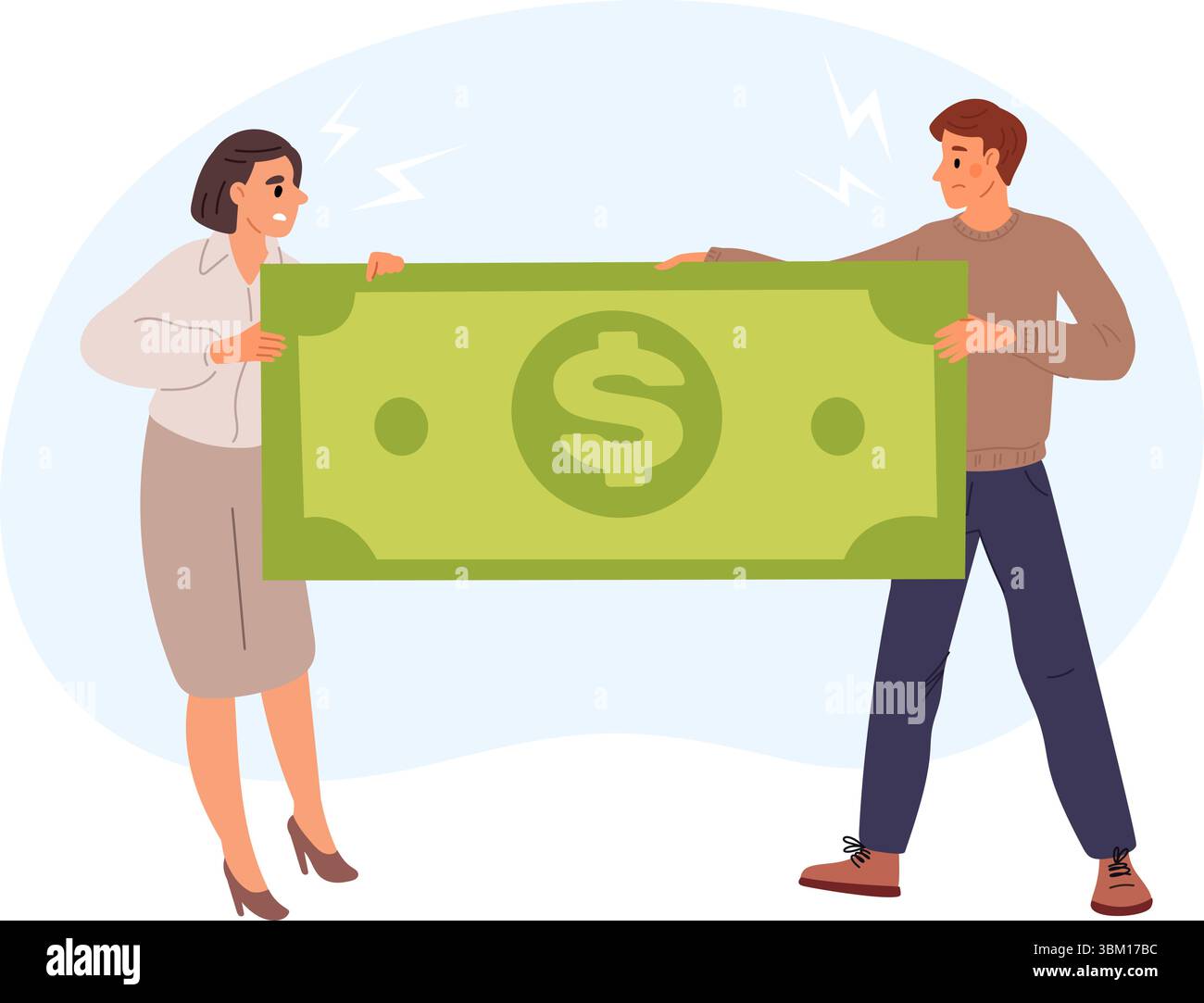 Angry husband and wife pull paper money in different directions. Couple ...