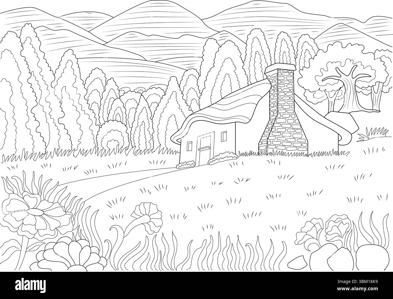 A hand-drawn, black and white line art illustration depicting a ...