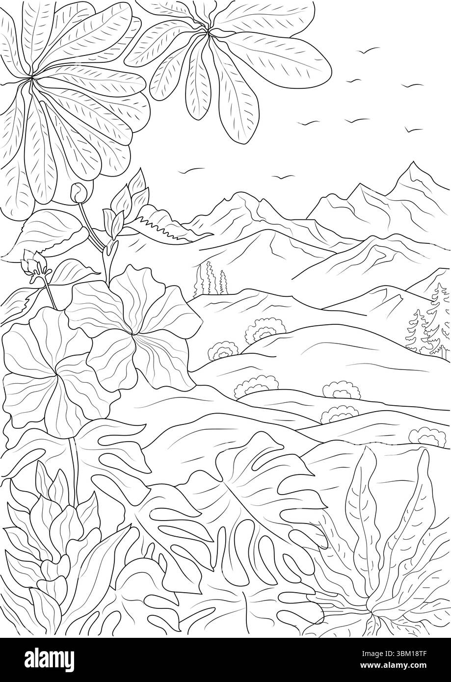 Black and white line art illustration depicting a detailed tropical ...