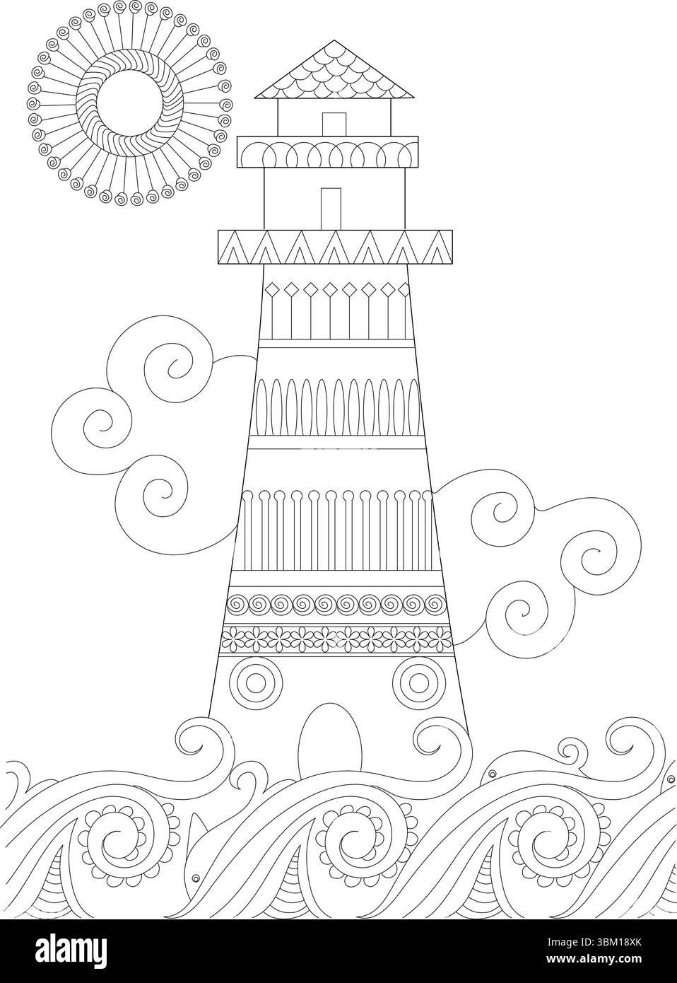 An intricate black and white line drawing featuring a lighthouse ...
