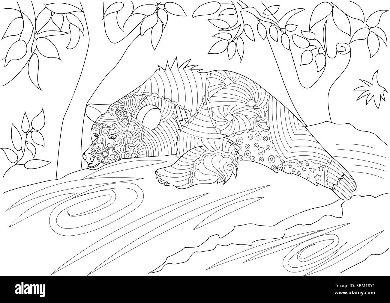 A detailed black and white line art illustration of a lazy bear lying ...