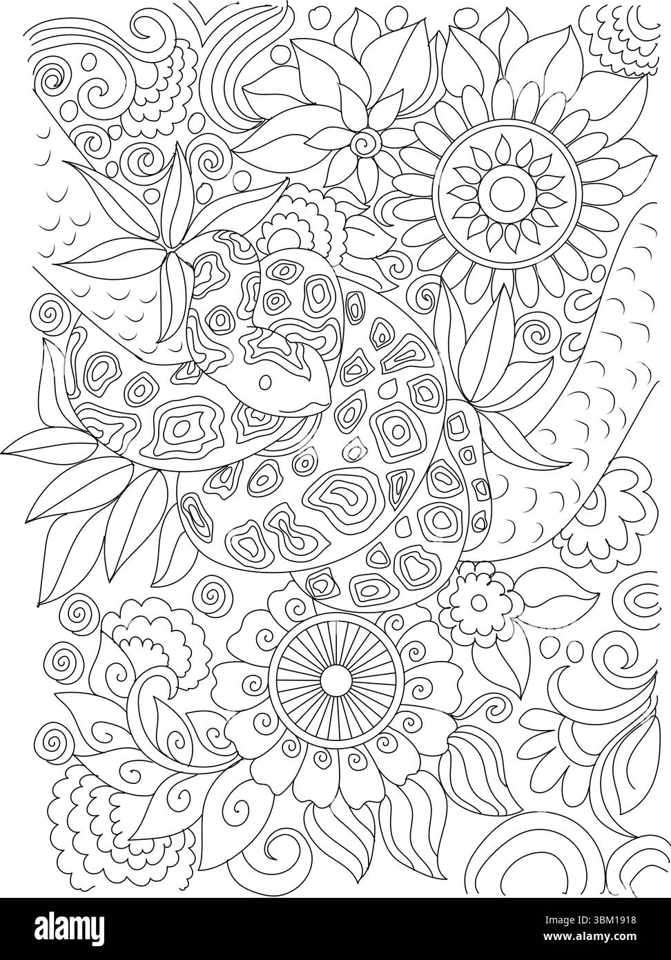 A detailed black and white line art illustration of a stylized lazy ...