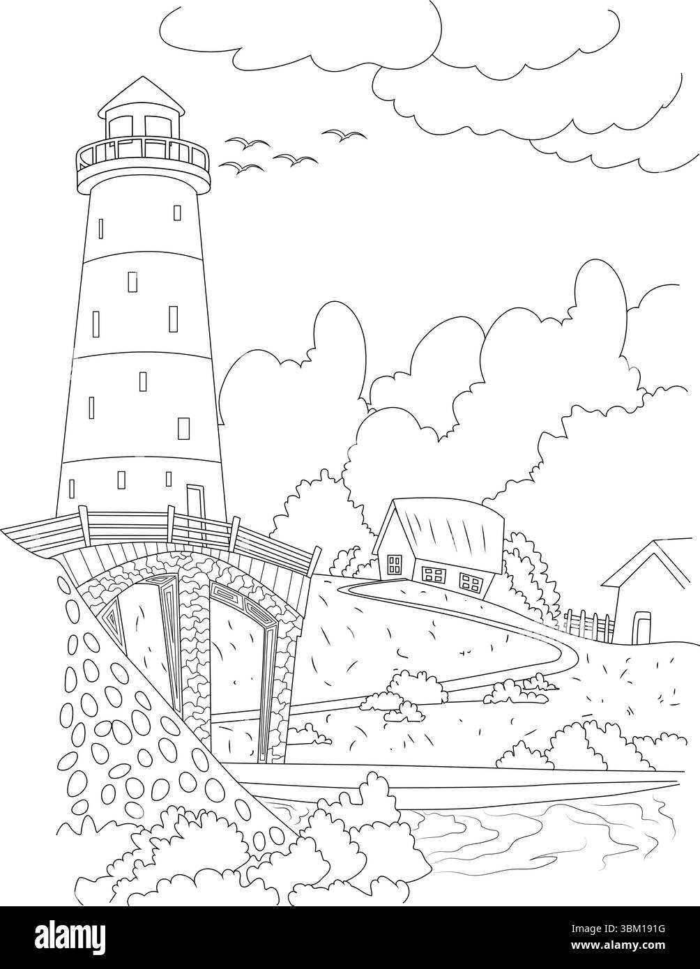 This black and white line art illustration depicts a picturesque ...