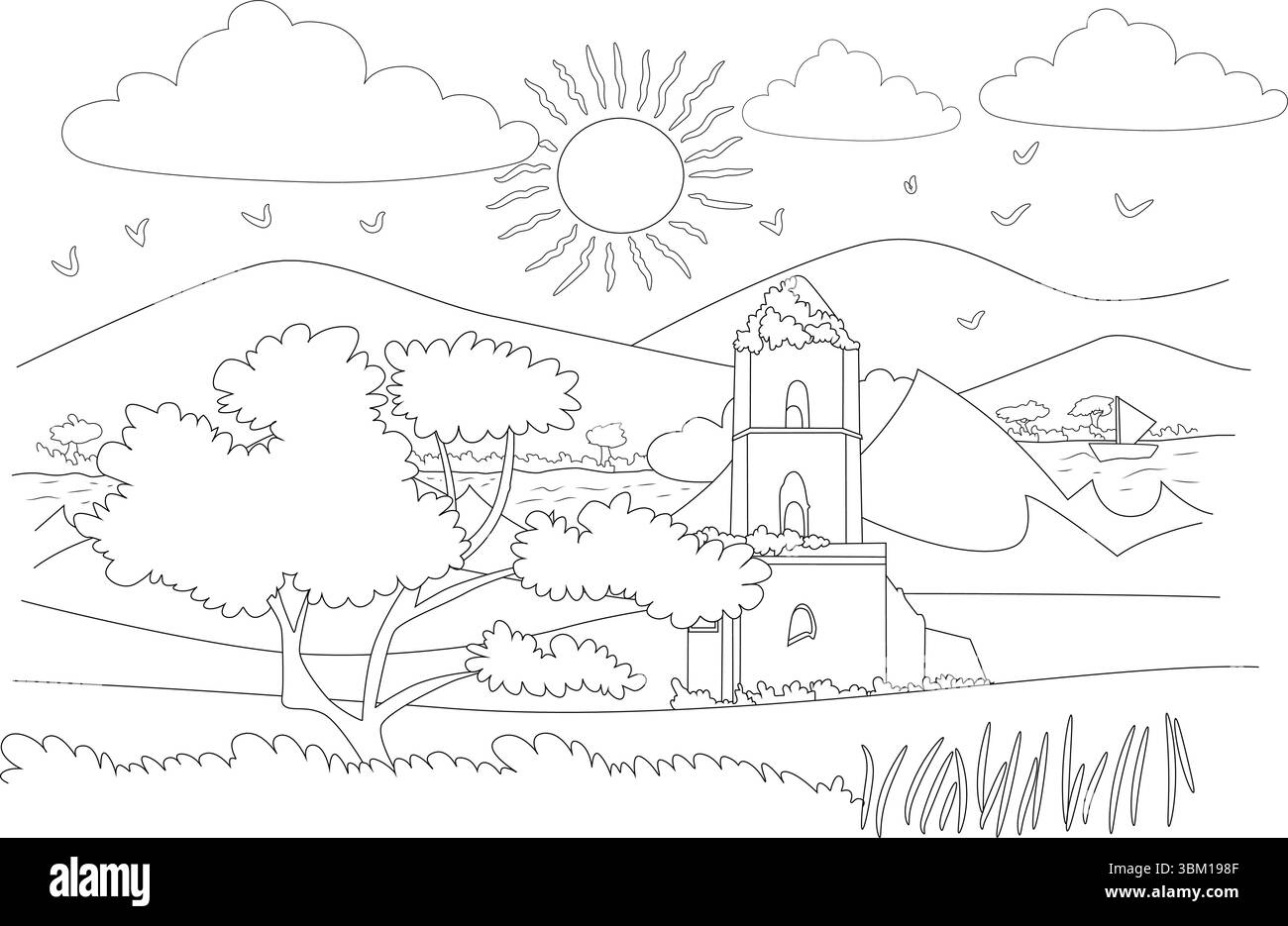 Black and white line art illustration of a serene landscape. The scene ...