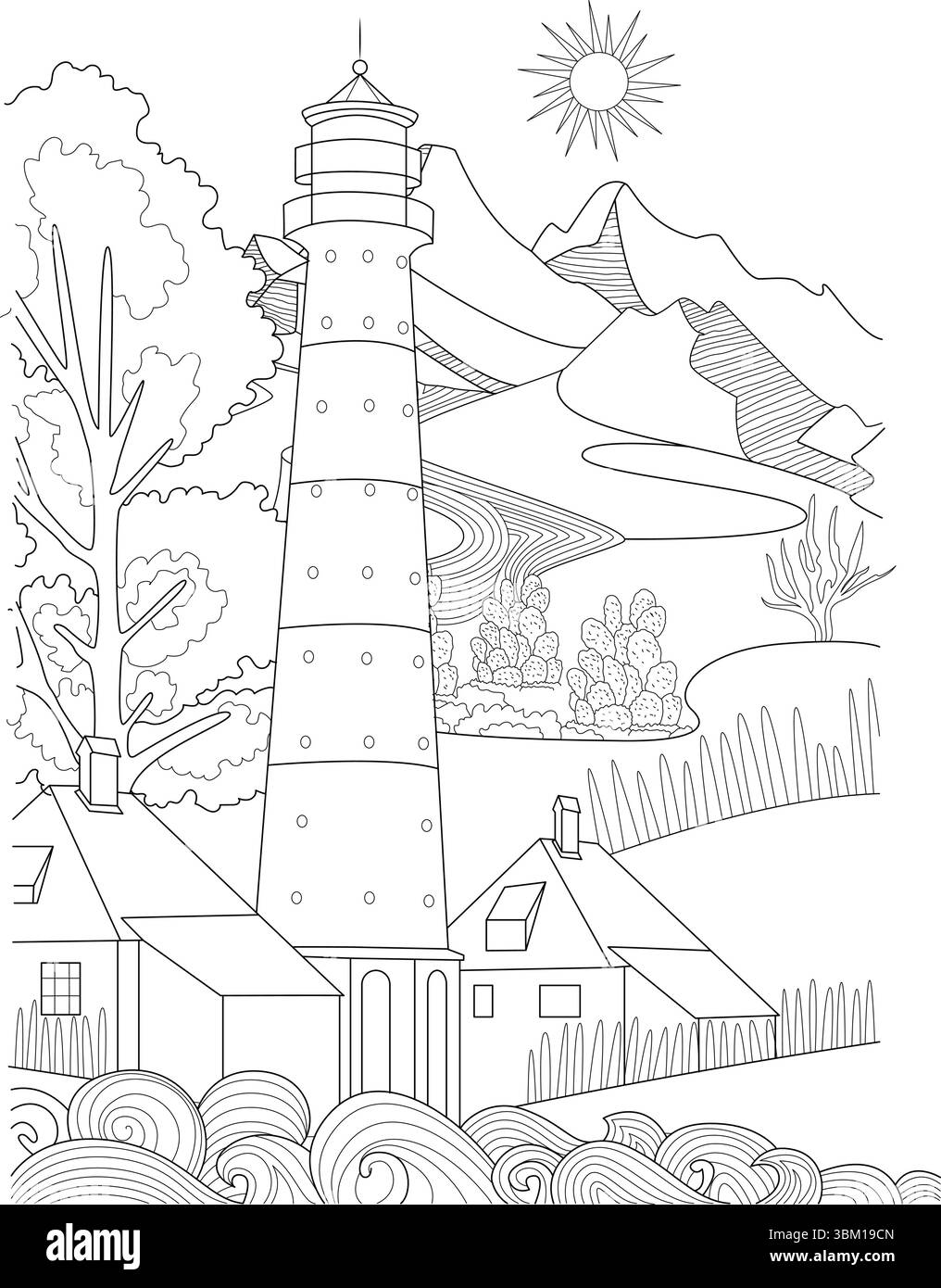A black and white outline illustration depicting a picturesque coastal ...