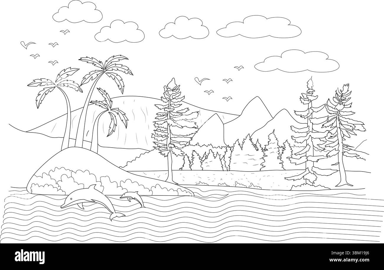 Black and white line drawing depicting a complex natural landscape. The ...