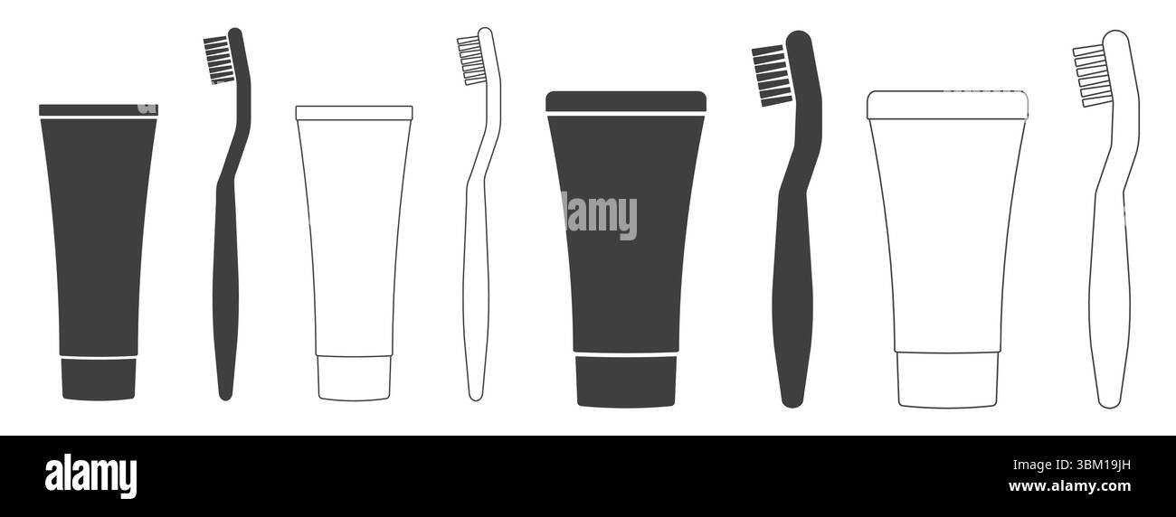 Toothbrush and toothpaste silhouette icon symbol shape. Editable stroke ...