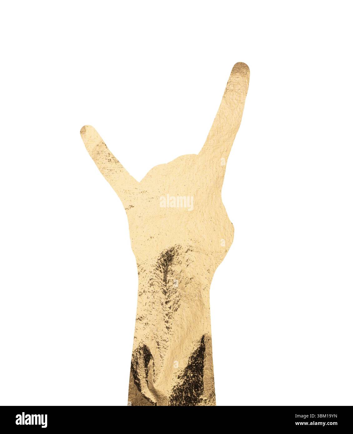 Hand gesture showing rock horns symbol in gold foil texture. Bold ...