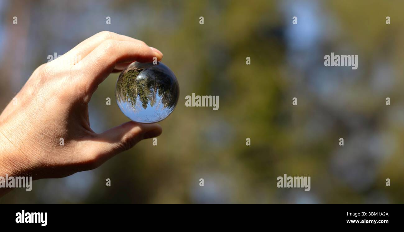 Hand holding glass sphere with forest reflection. Transparent ball ...