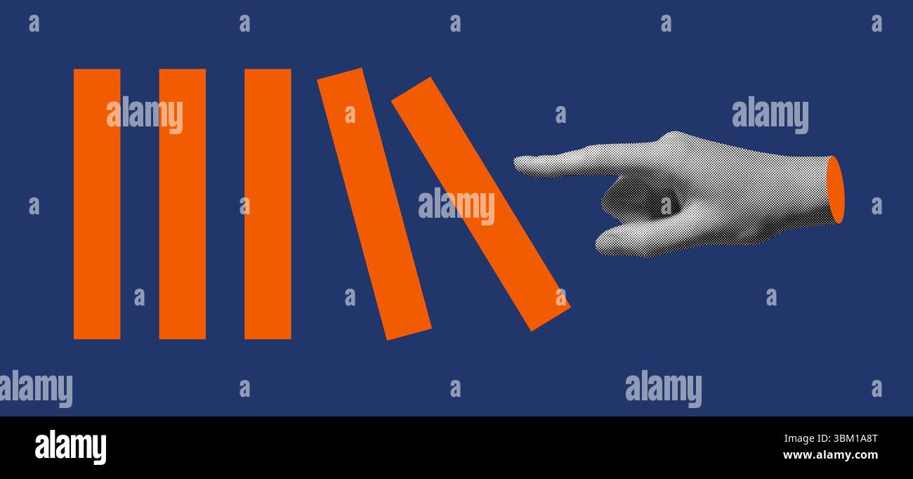 Hand pushing orange domino blocks in dark blue background. Concept of ...