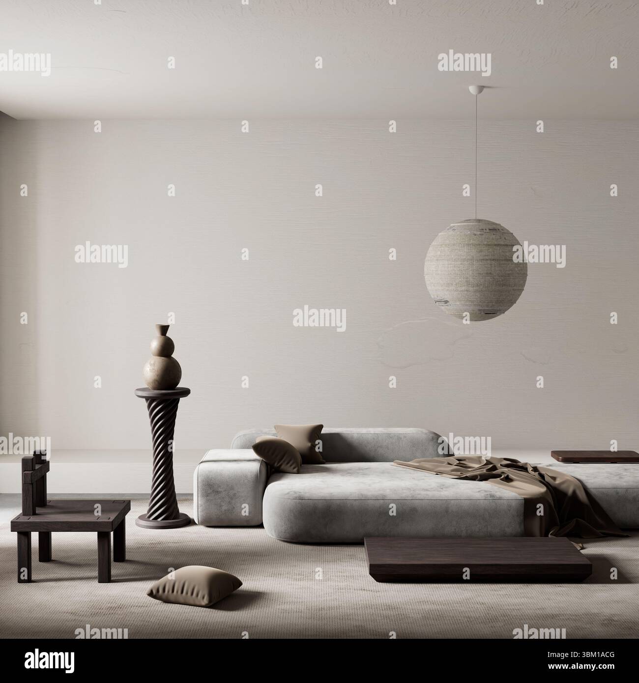A serene and contemporary living room with soft textures, earthy tones ...