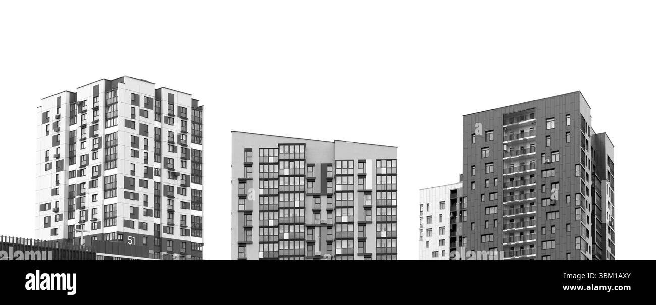 Set of tall condo buildings with concrete facade and multiple windows ...