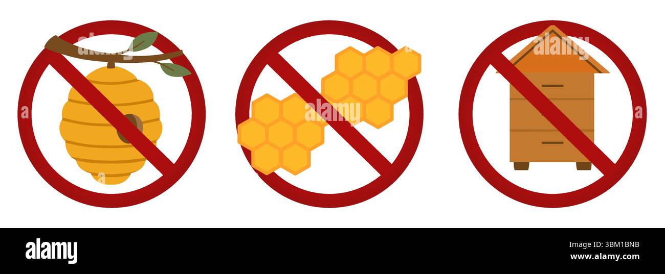 Vector set of prohibition signs with a beehive, apiary and honeycombs ...
