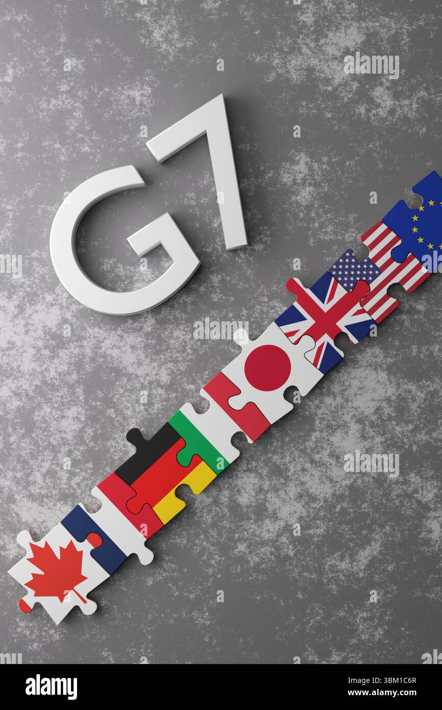Puzzle pieces featuring flags of G7 nations are arranged sequentially ...