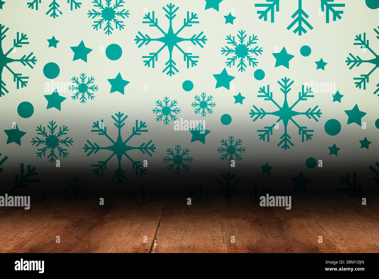 Snowflake wallpaper over floor boards Stock Photo - Alamy