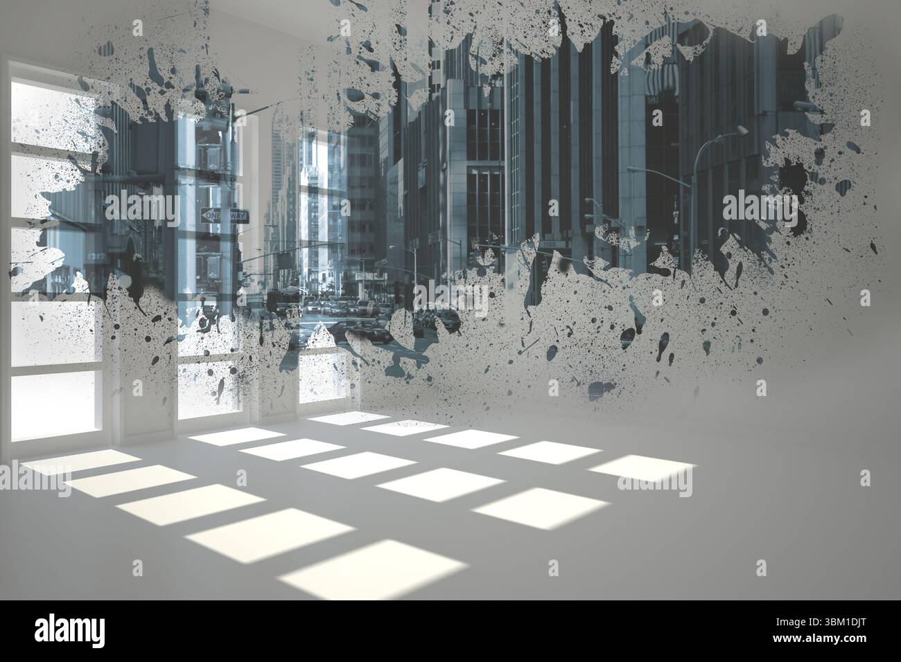 Flat design is showing floor-to-ceiling windows with light patches and ...