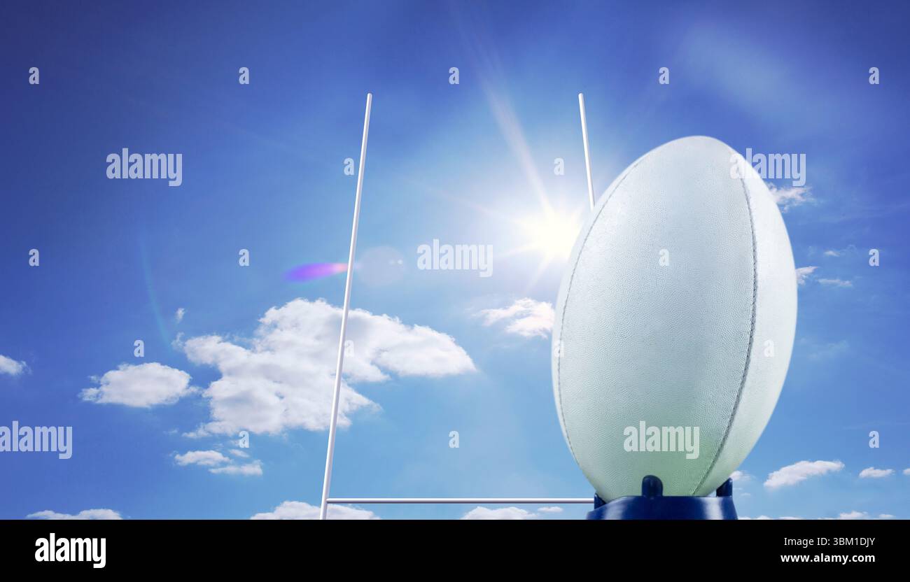 Rugby ball in front of posts Stock Photo - Alamy