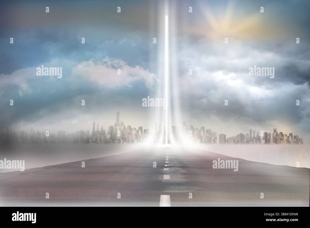 Vertical light beam is ascending on foggy highway in flat design ...