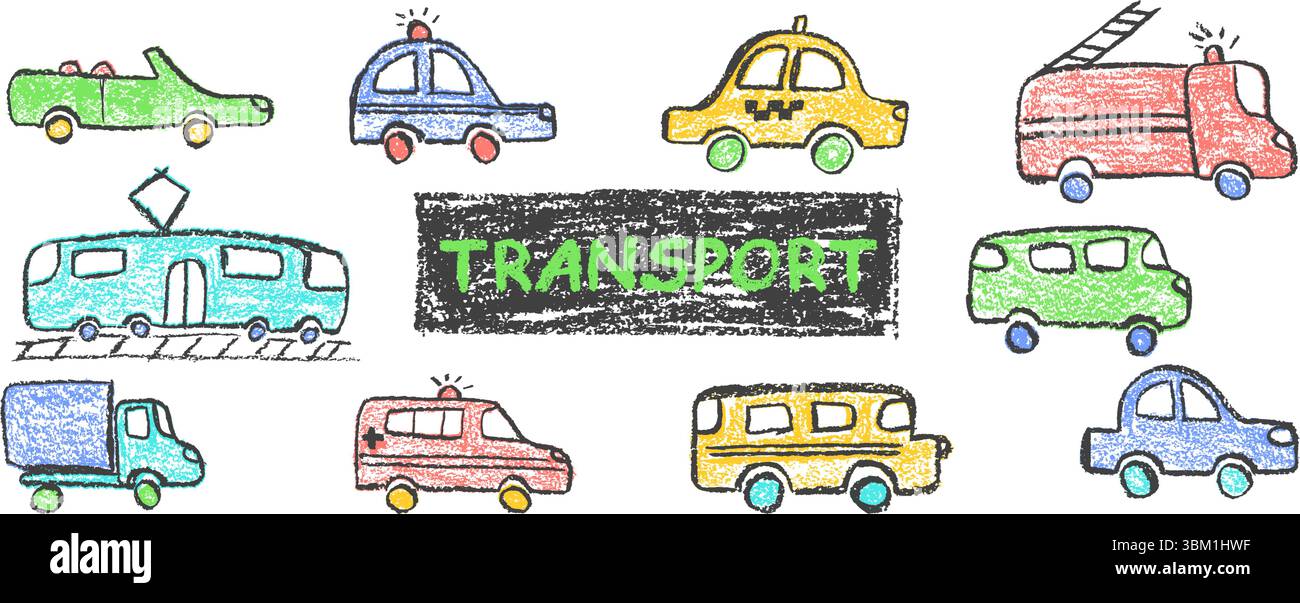 Colorful vector set of crayon drawn vehicles including police ...