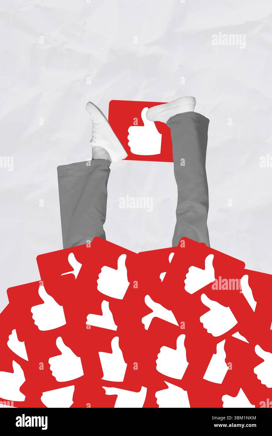 Poster photo vertical collage of human legs hold thumb up like buttons ...