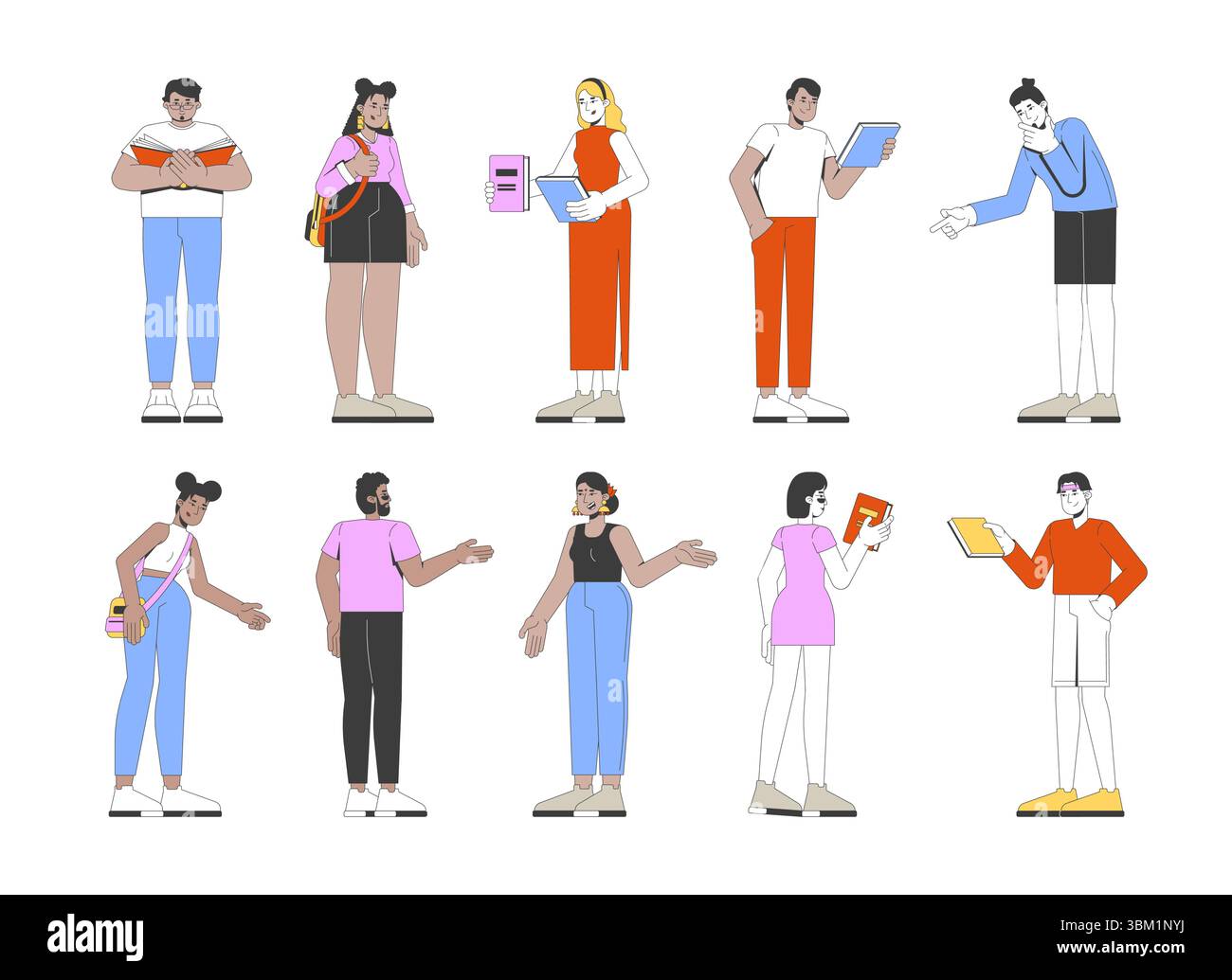Multicultural young adults standing and engaged with books 2D cartoon ...