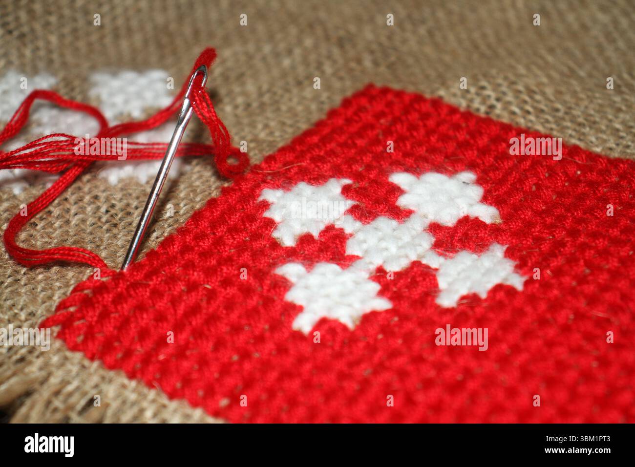 The detailed process of cross-stitch embroidery on burlap fabric. A ...