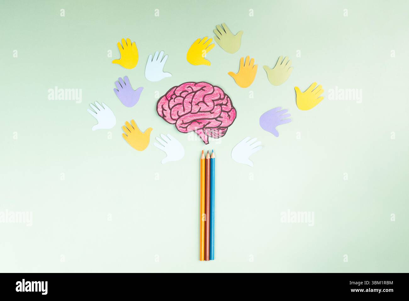 Back to school, colorful pencils, children hands and brain building a ...