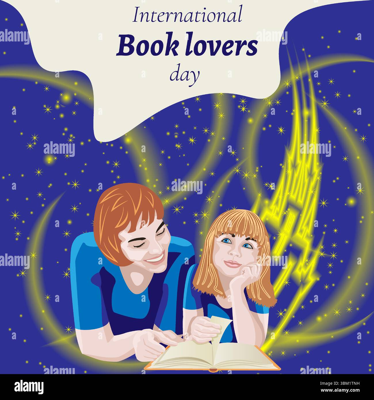Mother and daughter read book. Night sky with castle and magic light. International Book Lovers ...