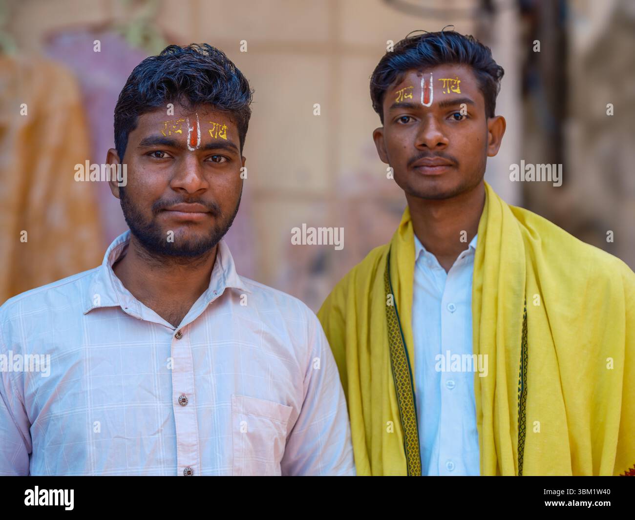 India, Varanasi, 16 Mar 2025. Two young pilgrims with sacred tilak ...