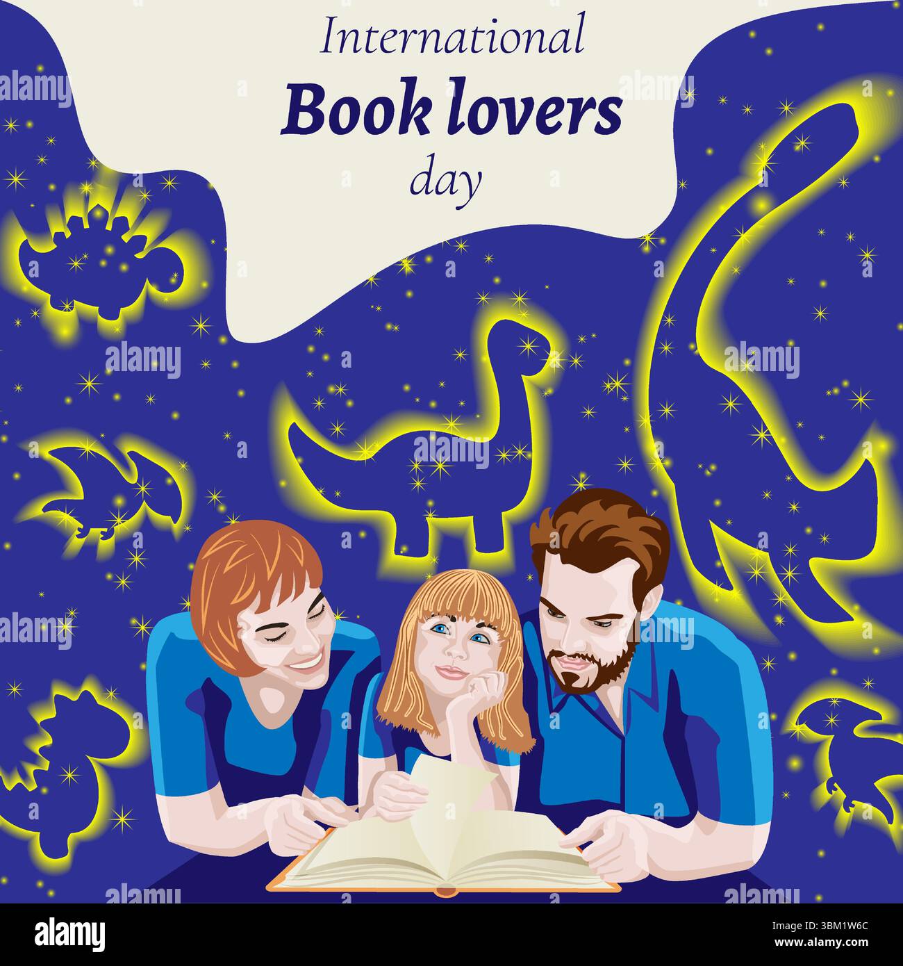 Father, mother and daughter read book. Magical starry sky with ...