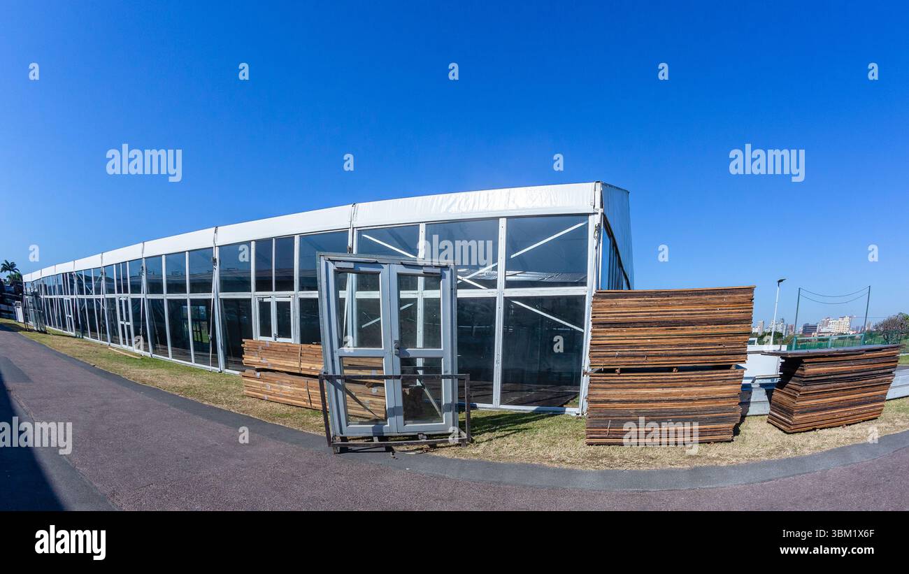 Large mobile tent entertainment business structure assembled for customers on event venue Stock ...