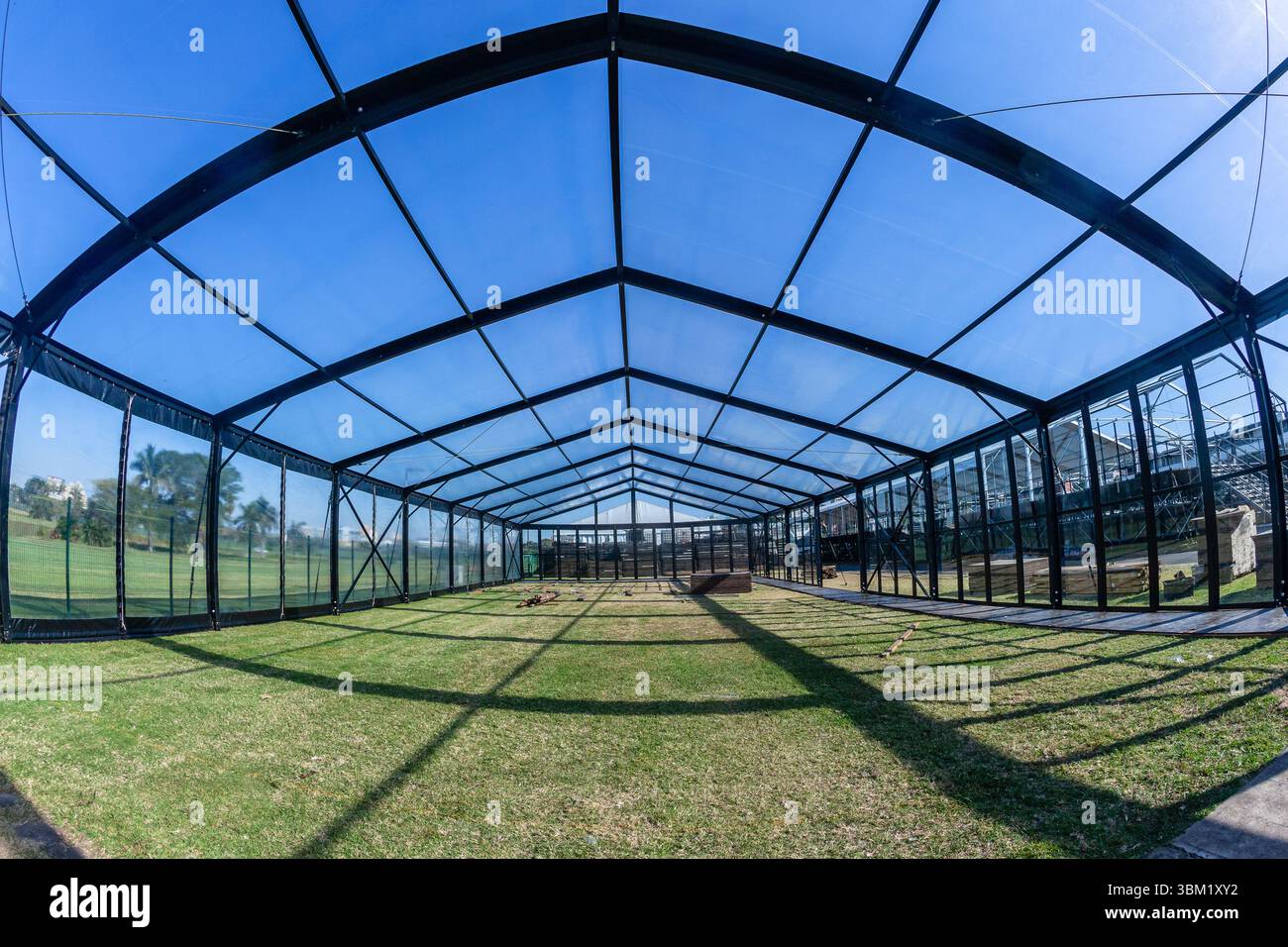 Large mobile tent entertainment business structure assembled for customers on event venue Stock ...