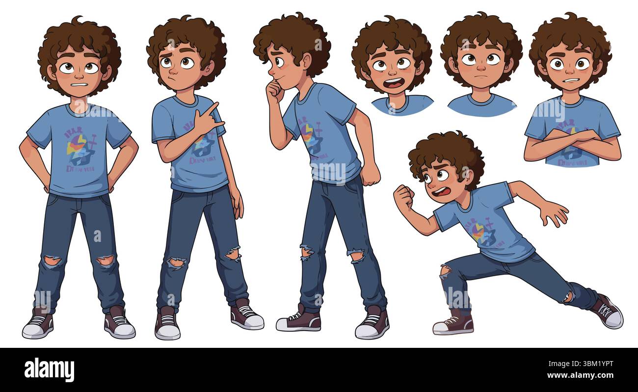 Cartoon Boy Character Sheet with Curly Hair and Various Poses Stock ...