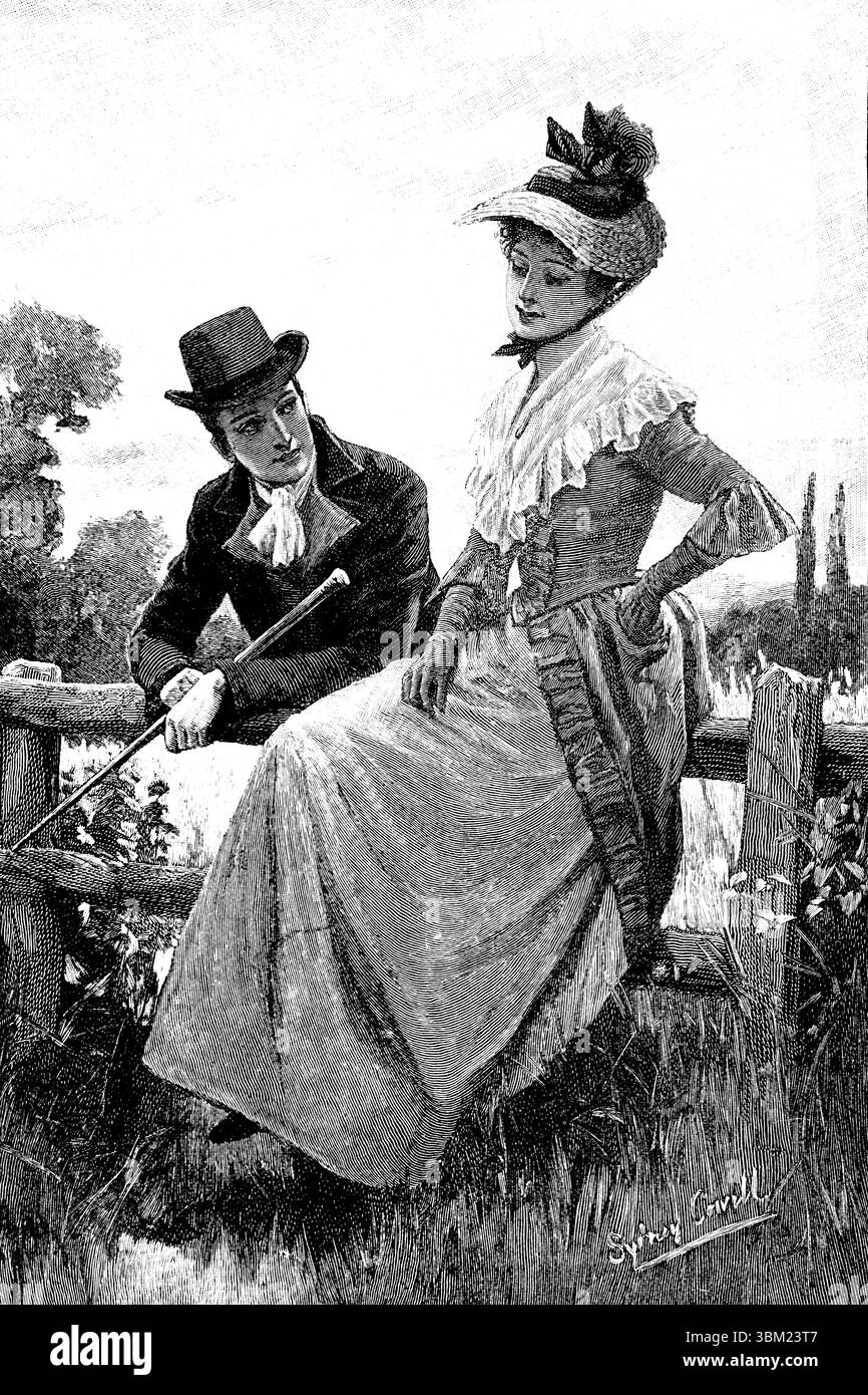 Well dressed mid Victorian courting couple in countryside, engraved ...