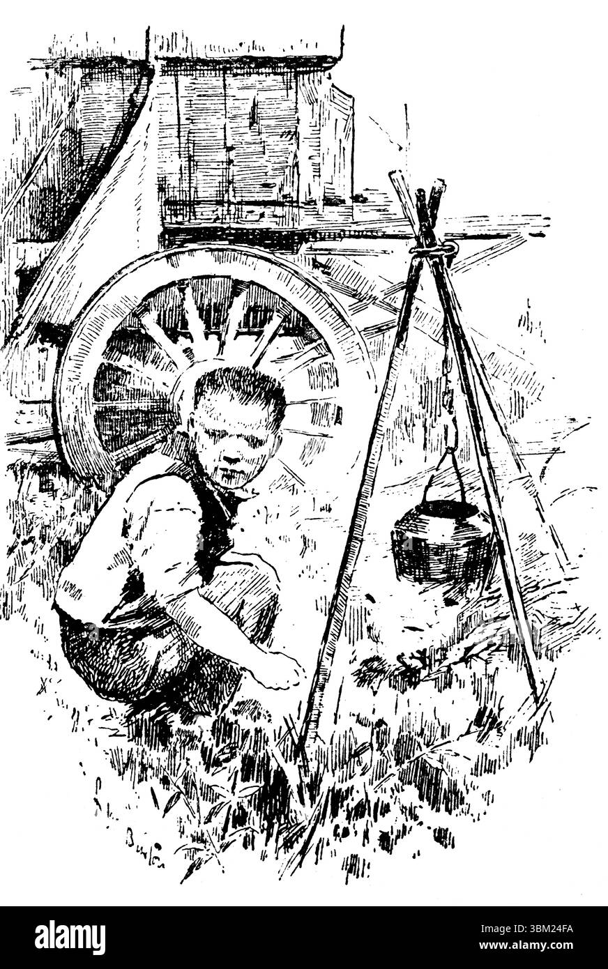 A Gipsy’s Camp Fire, engraved line illustration of boy cooking beside ...