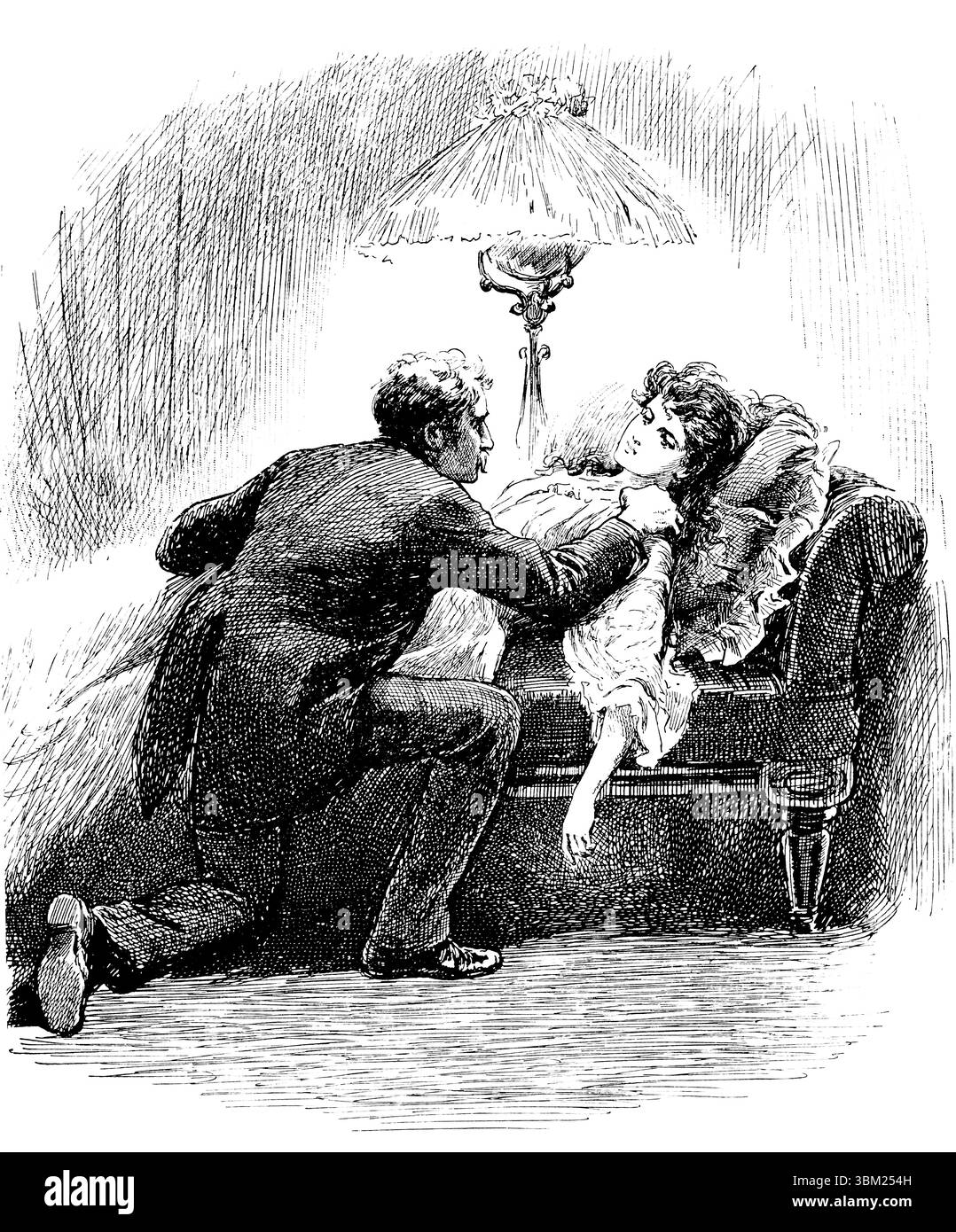 Victorian man trying to revive unconscious wife, engraved line ...