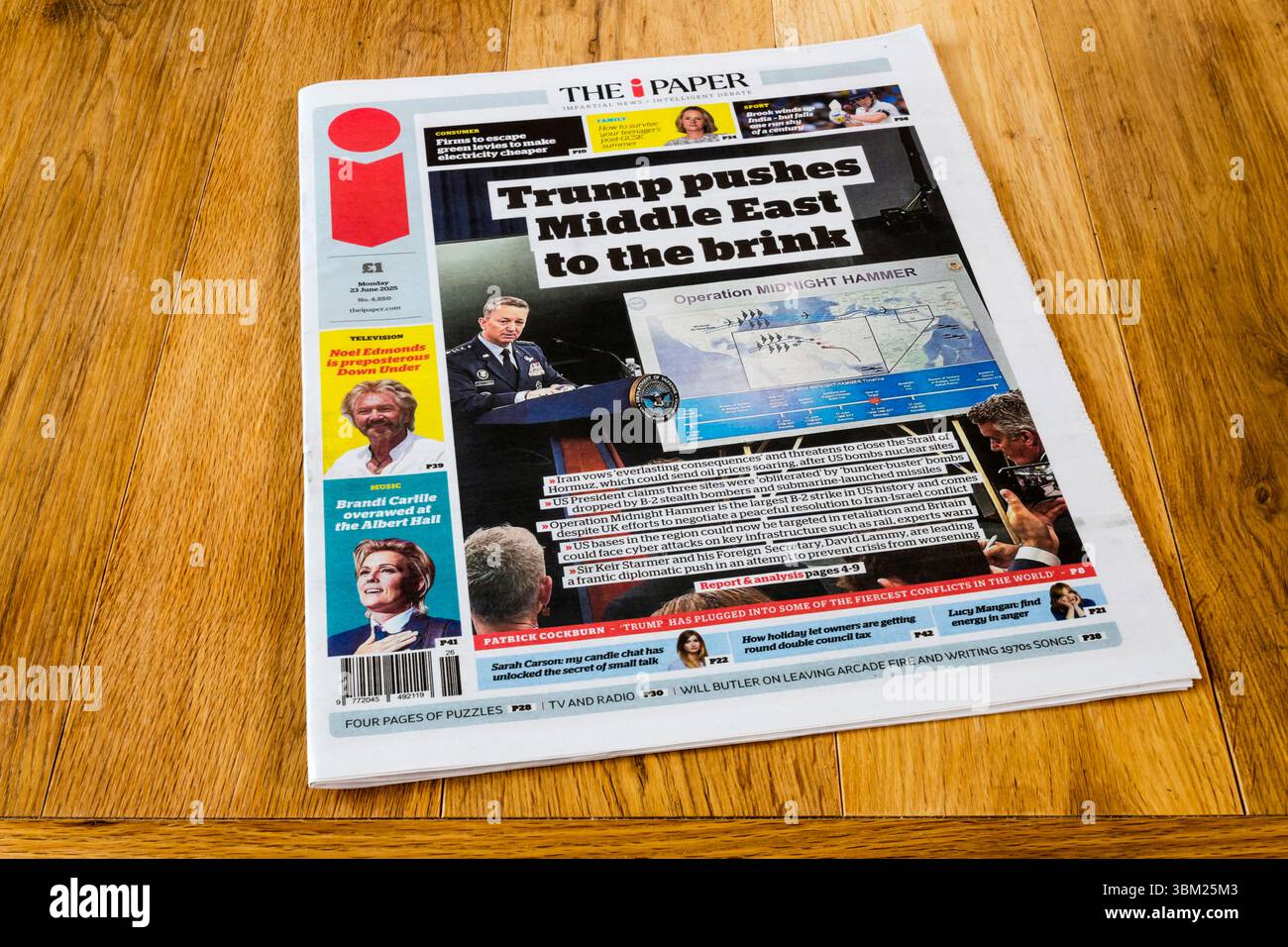 23 June 2025. Front page headline in The i Paper is Trump pushes Middle ...