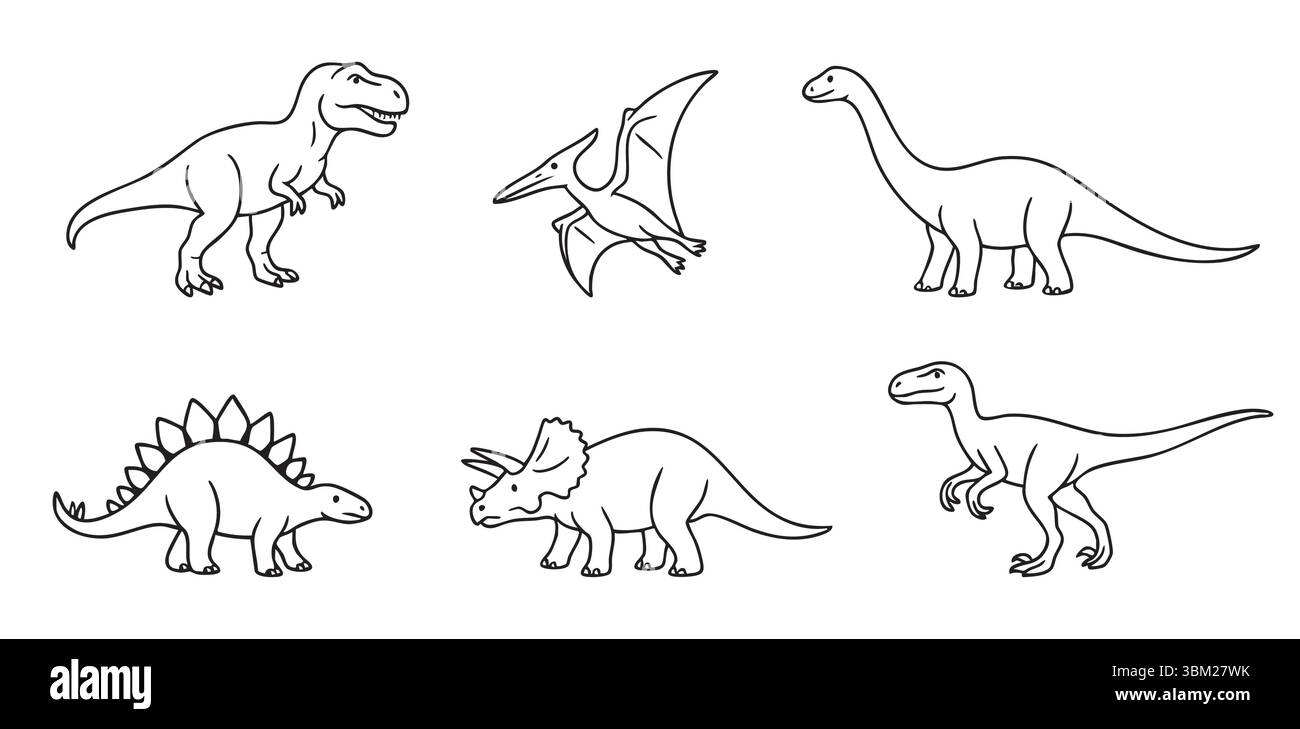 Set of Black outline illustrations of various dinosaur species ...