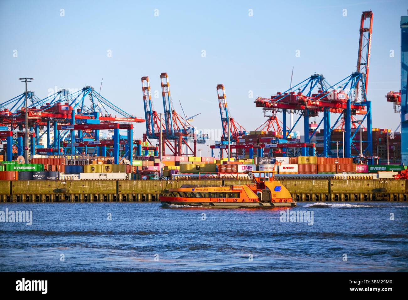 harbour ferry in front of the container gantry cranes of Burchardkai in ...