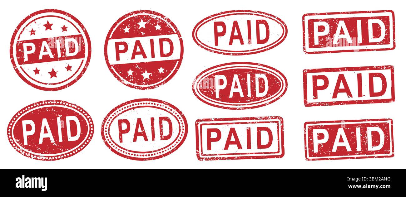 Red grunge PAID text rubber stamp icon symbol set. Paid grungy stamp ...