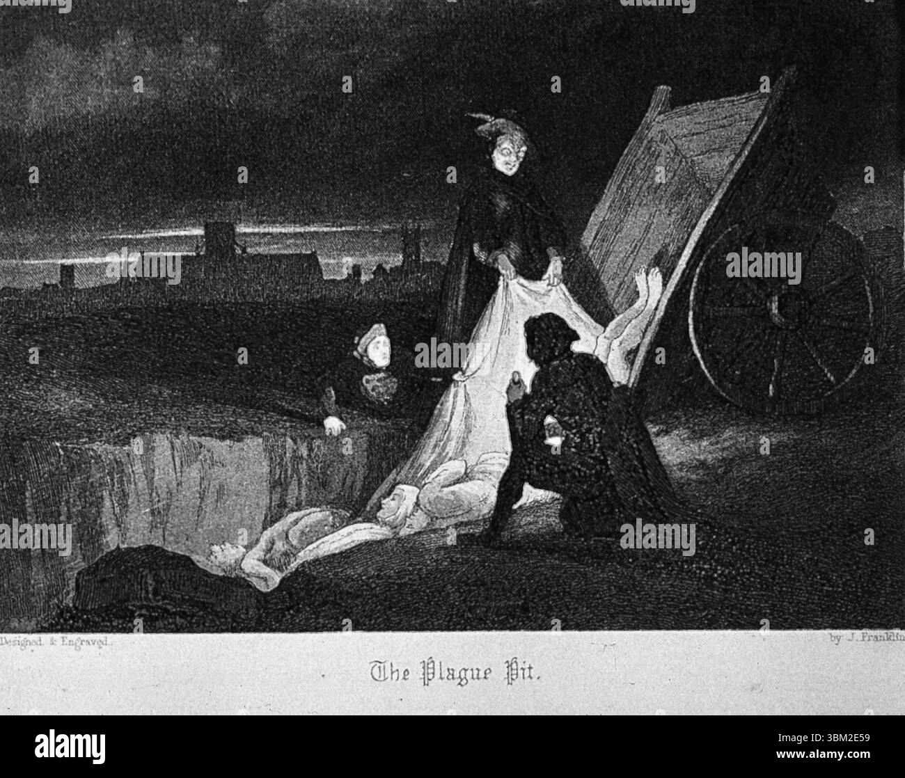 J Franklin - 1885 - illustration shows bodies being thrown into a pit ...