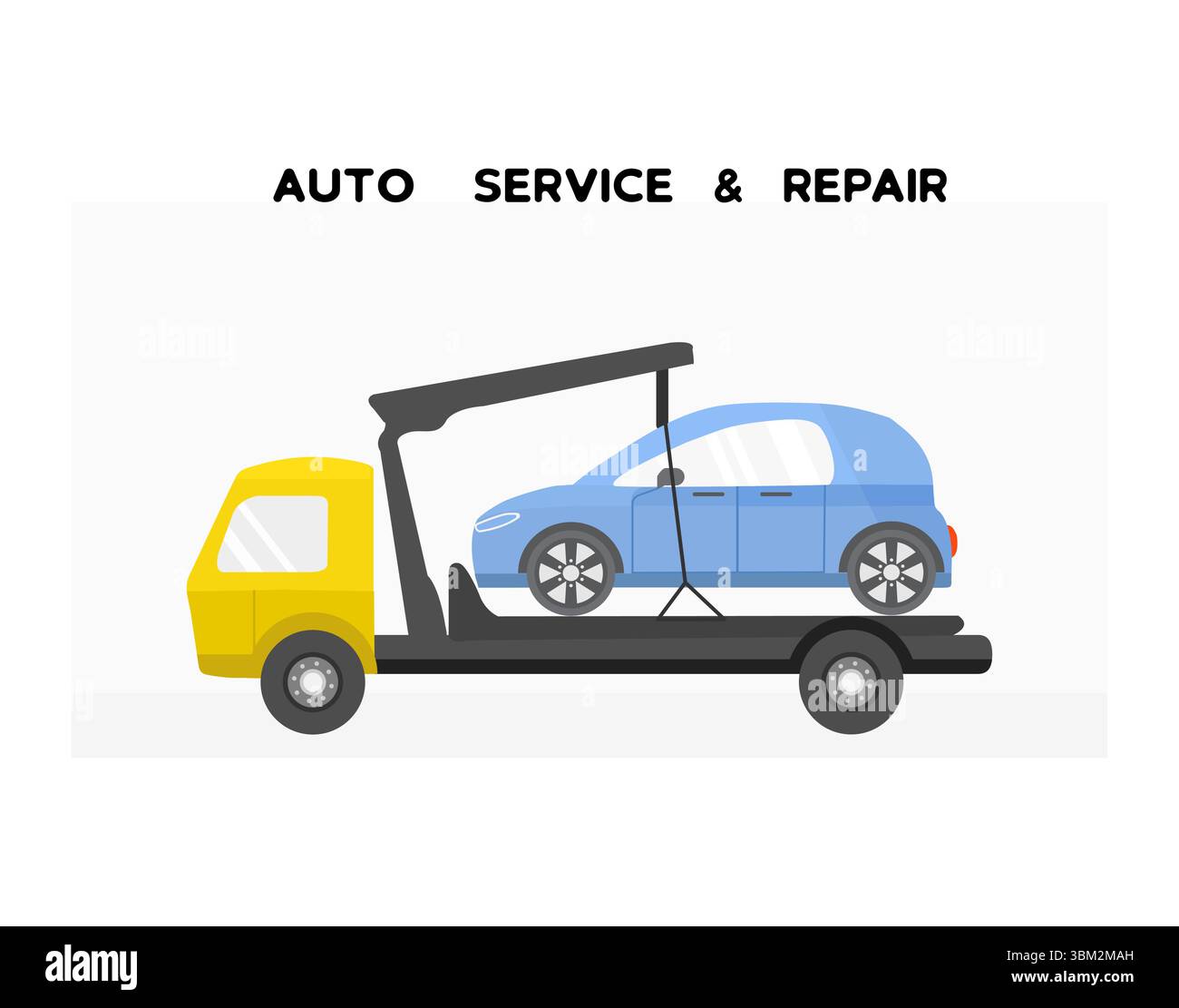 Tow truck carrying a blue car on white background with text for auto ...