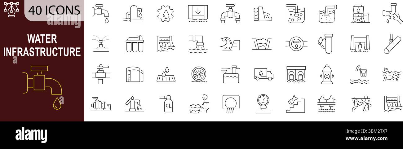 Water Infrastructure Line Icons Set. Taps, Filtration, Dams and More ...