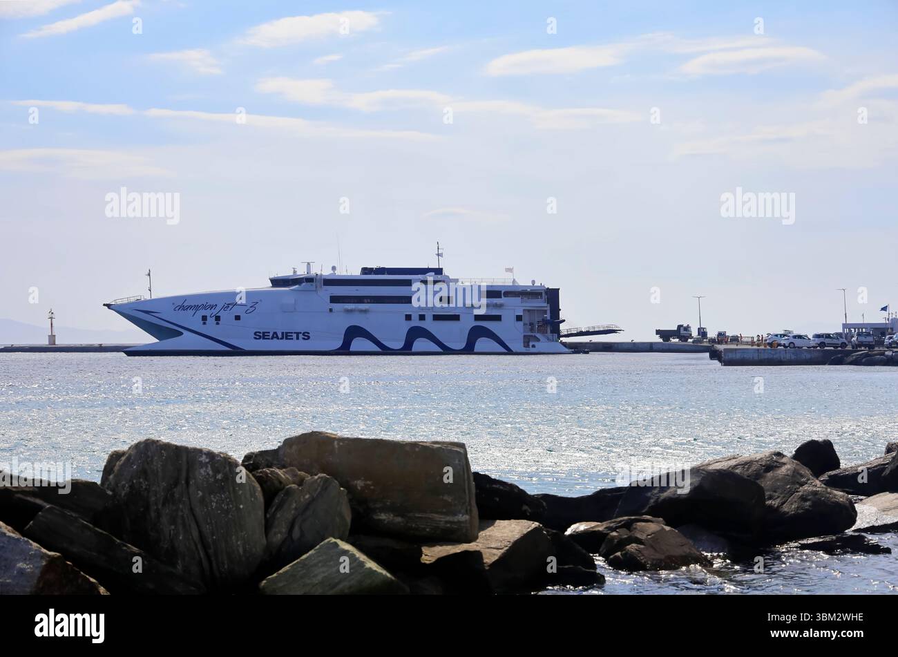 Seajets high speed ferry boat, Tinos new harbour, Tinos island, The ...