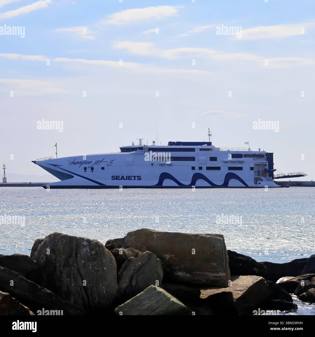 Seajets high speed ferry boat, Tinos new harbour, Tinos island, The ...