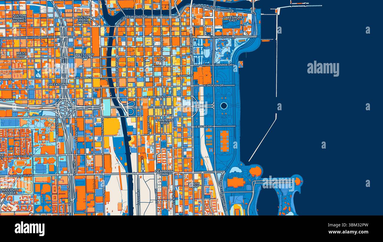 Colorful Chicago Art Map with Labels and Buildings with many details ...