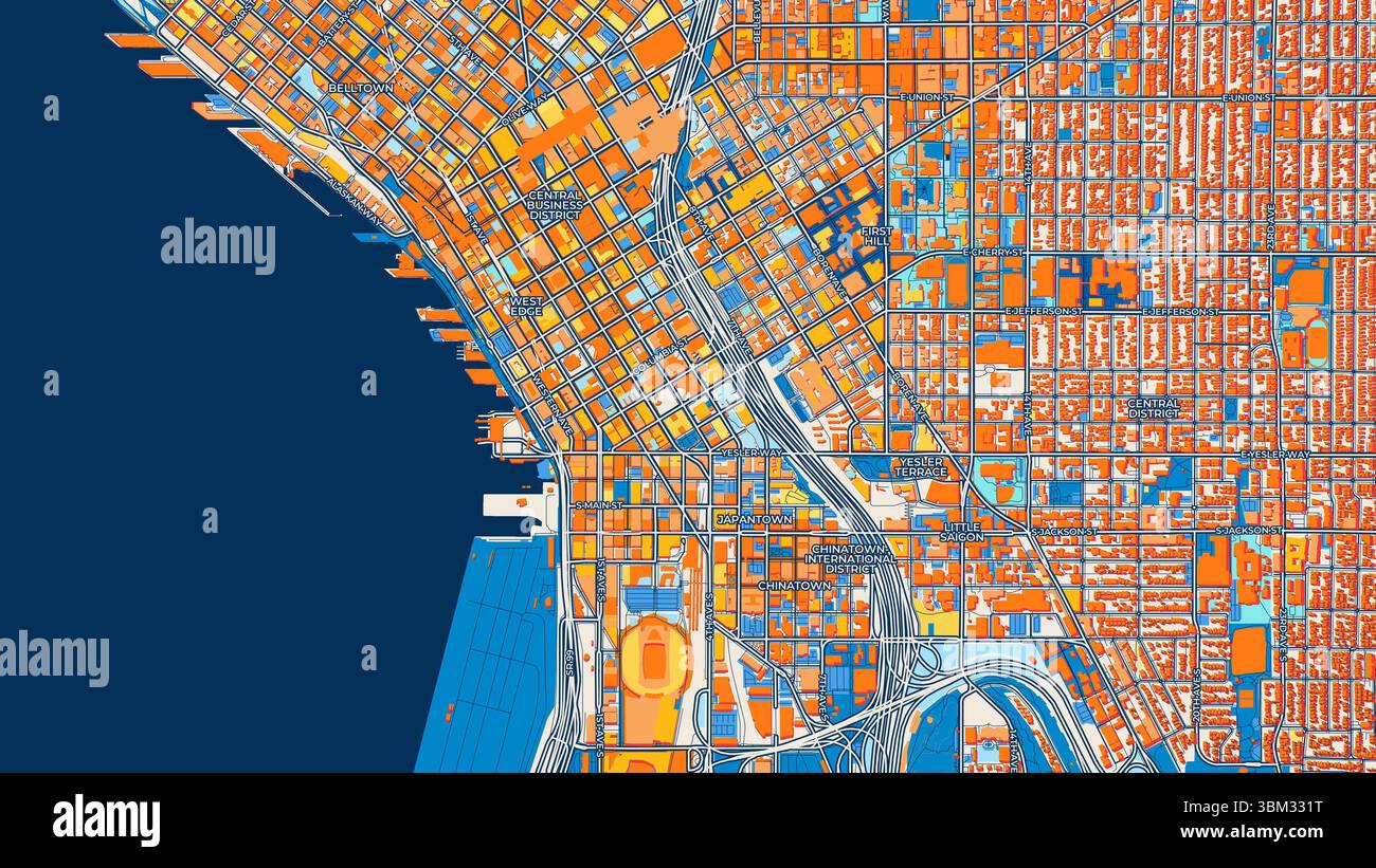Colorful Seattle Art Map with Labels and Buildings with many details ...