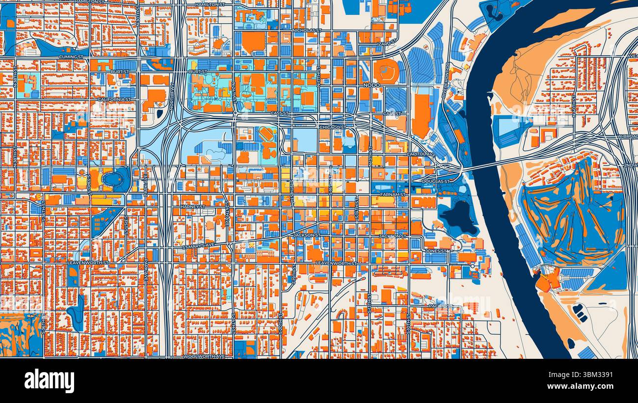 Colorful Omaha Art Map with Labels and Buildings with many details for ...