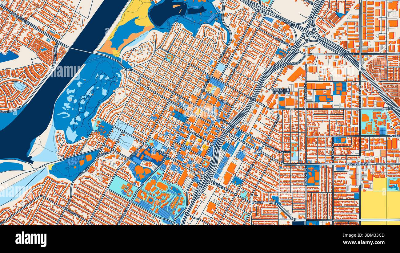 Colorful Riverside Art Map with Labels and Buildings with many details ...